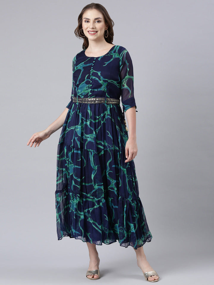 Neerus Navy Blue Flared Casual Tie And Dye Maxi Dresses – Neerus USA