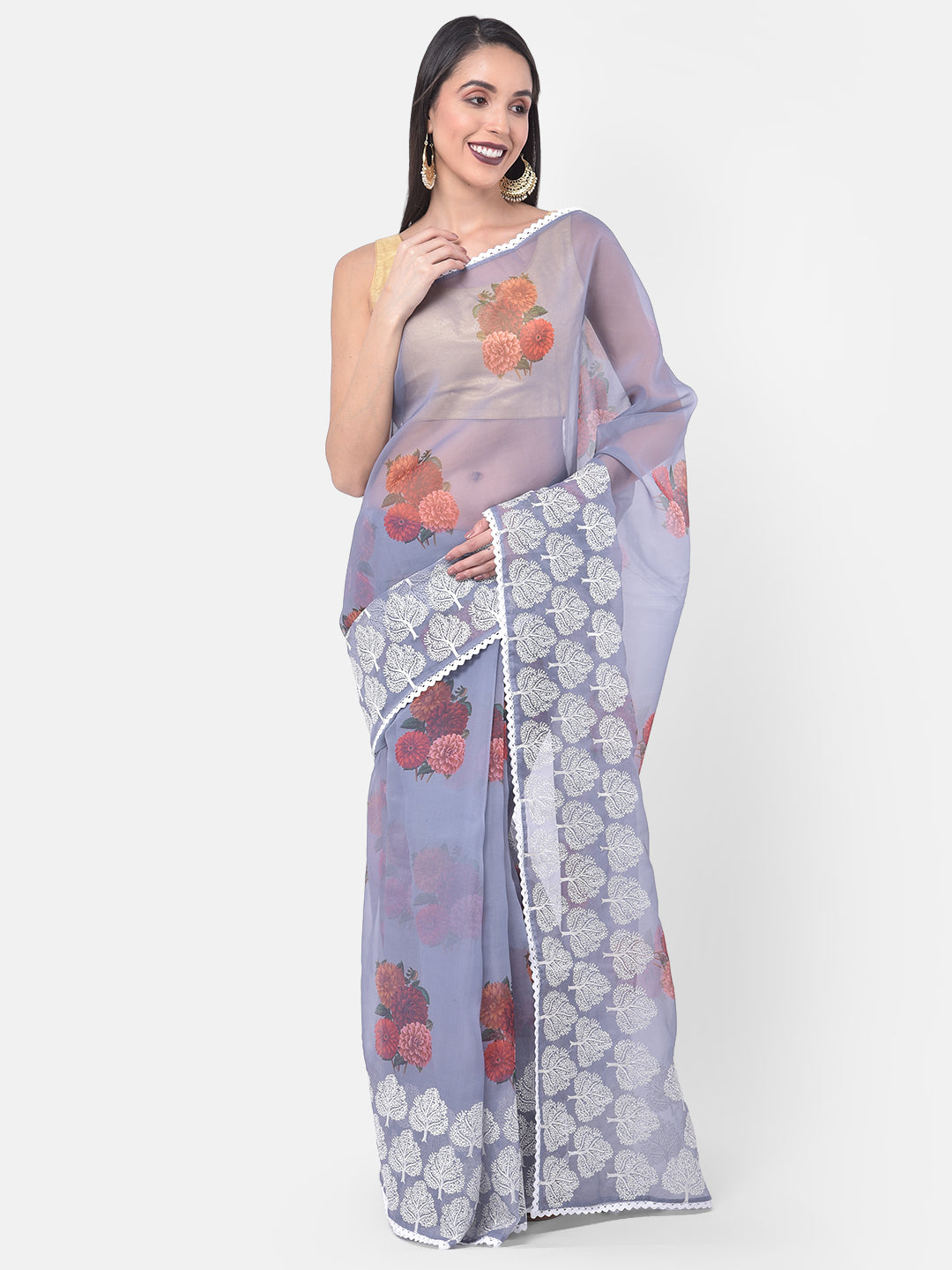 Neerus Grey Color Organza Fabric Saree – Neerus USA