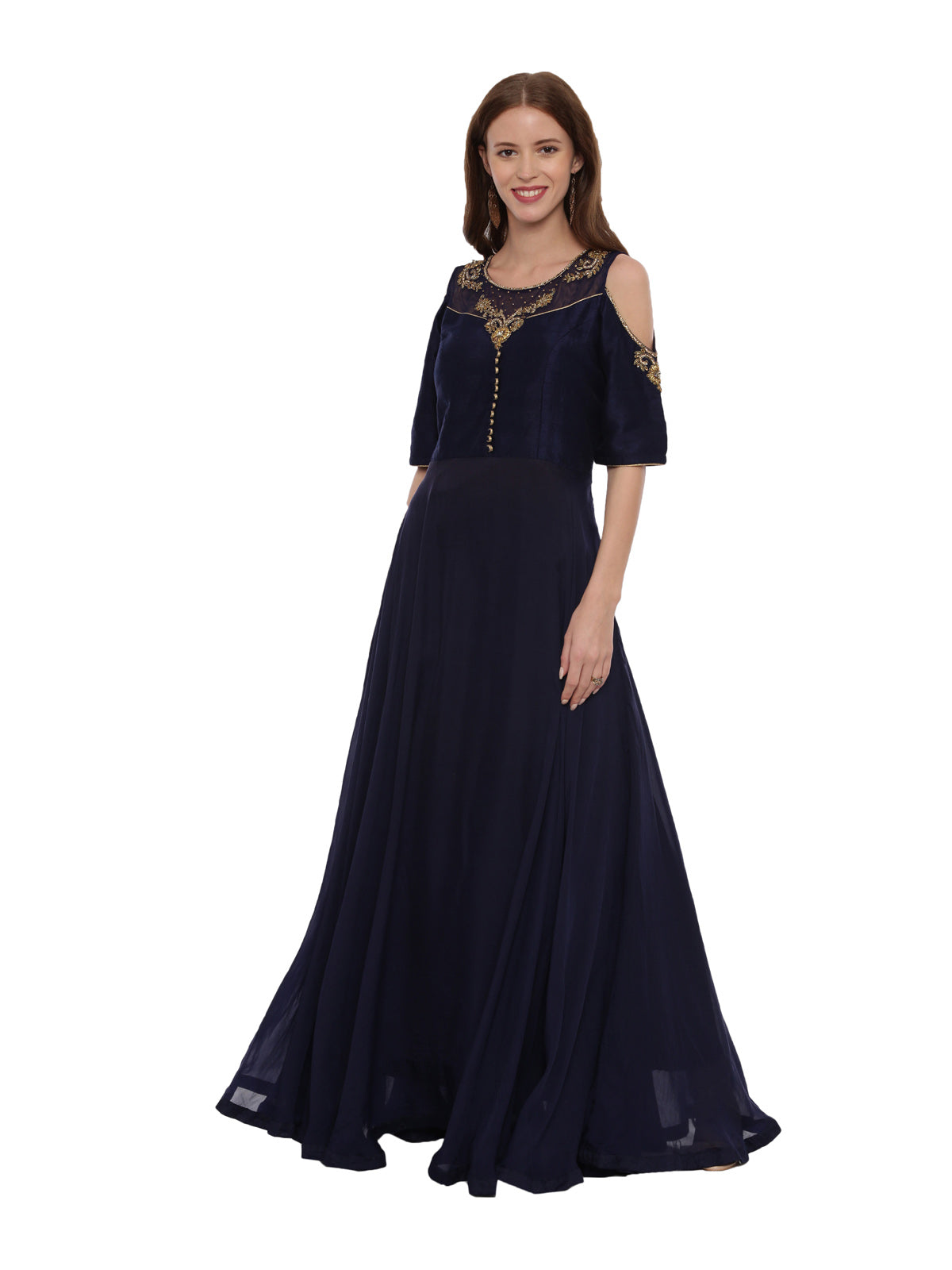 Neerus Blue Ethnic Embroidered Silk Maxi Gown for Festive Party Wedding ...