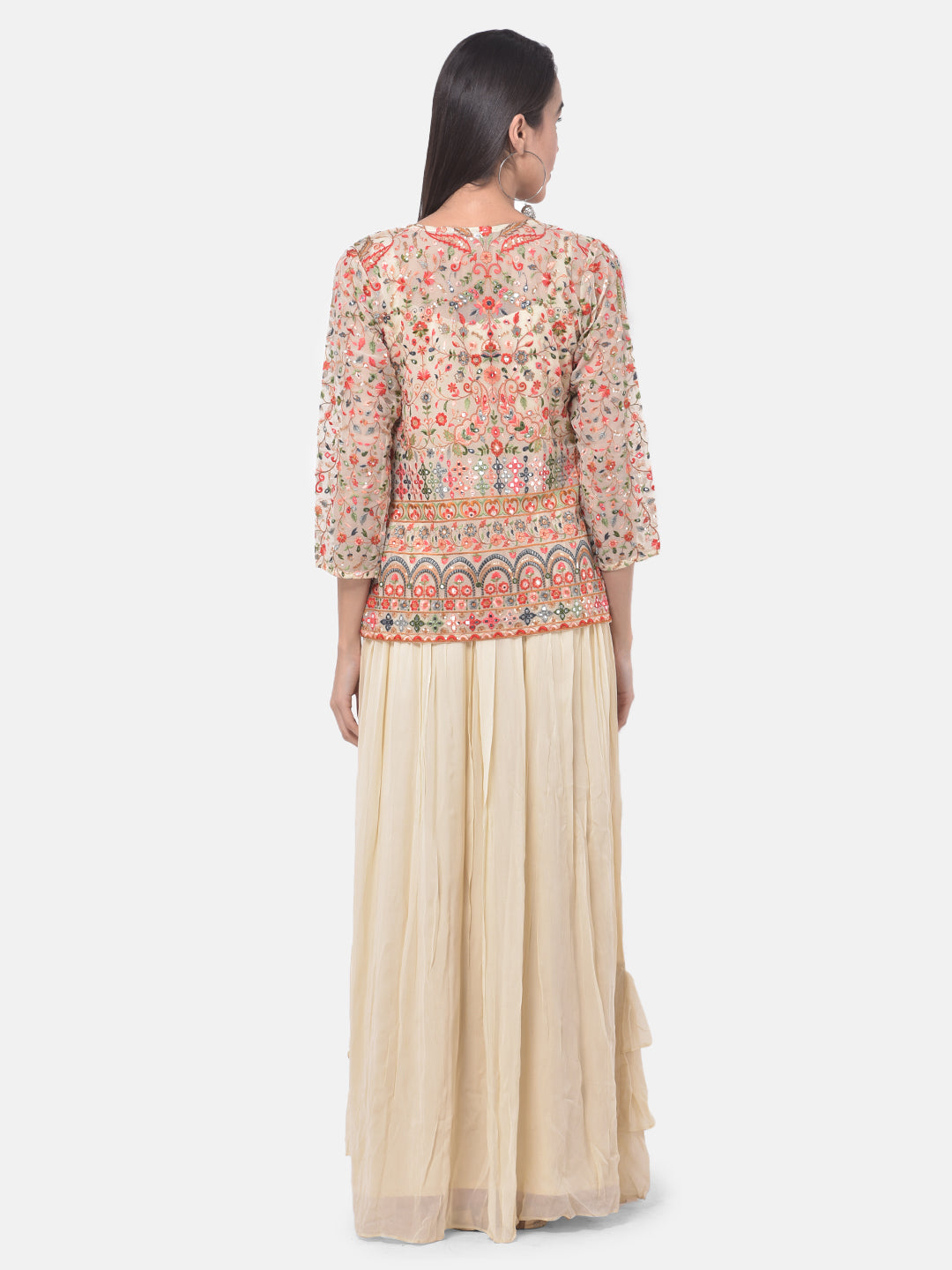 Neerus Beige Embroidered Flared Kurta With Shrug – Neerus USA