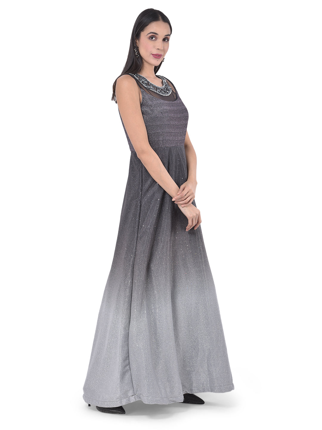 Neerus Black Solid Embellished Polyester A-Line Gown for Party Women ...