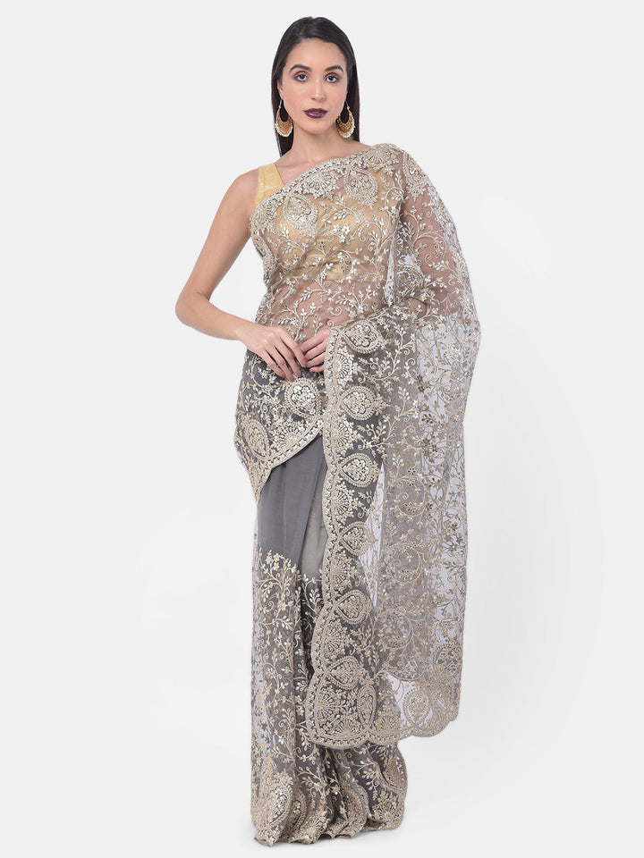 Neerus Grey Color Nett Fabric Saree – Neerus USA