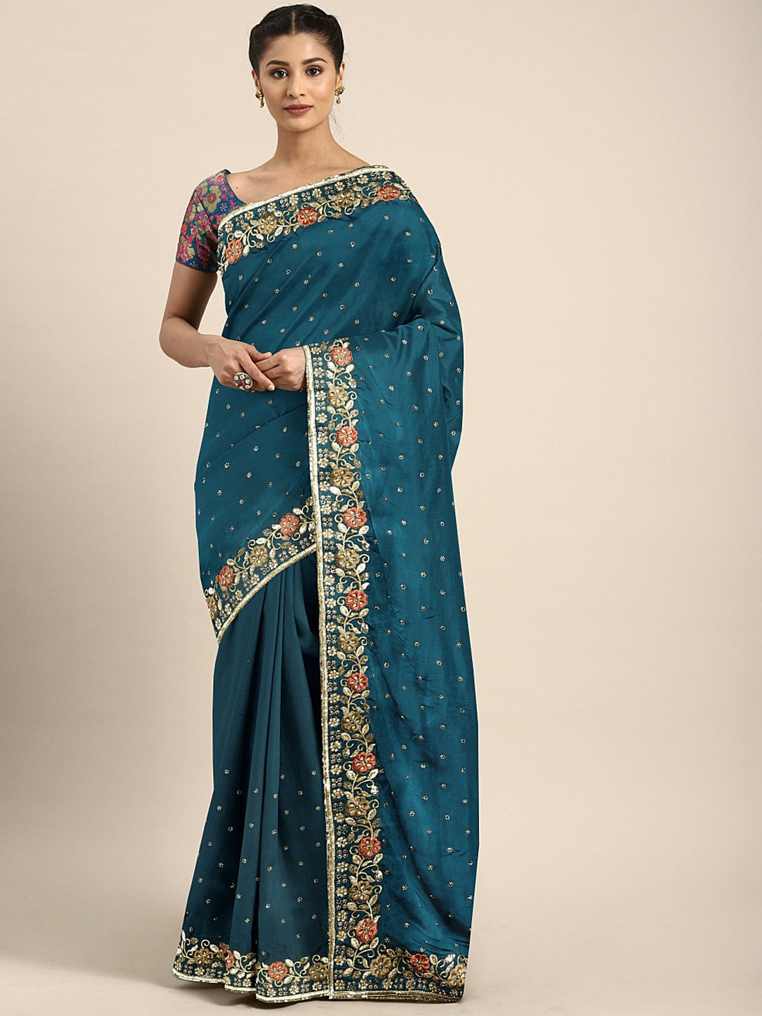 Neerus Navy Blue Navy Blue Poly Crepe Embellished Saree – Neerus USA