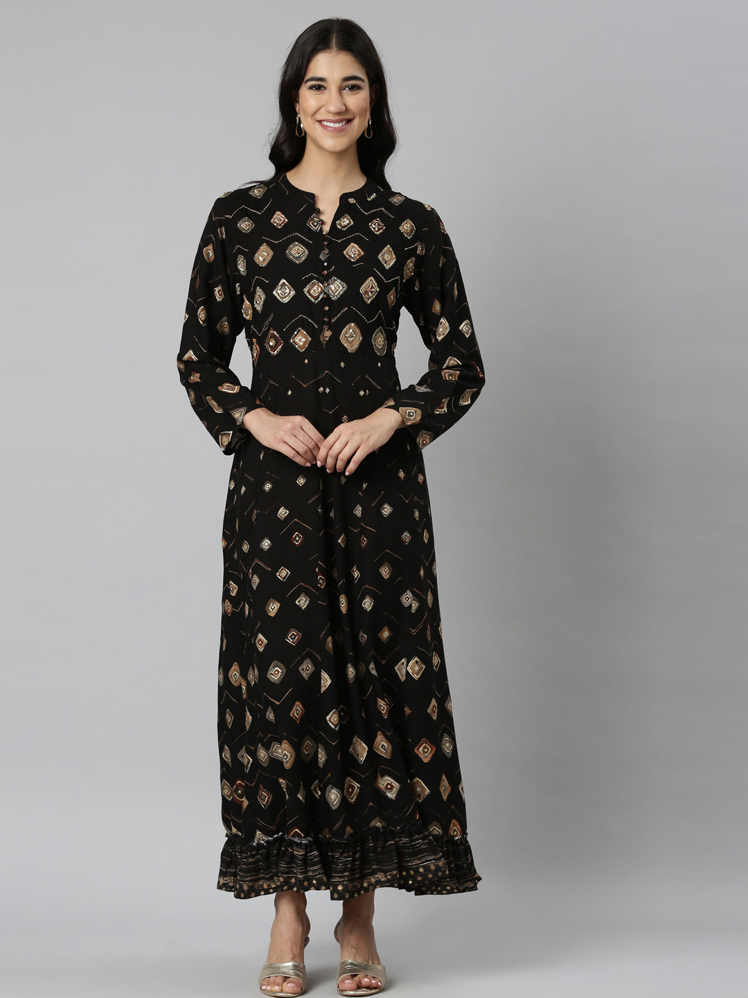 Neerus Black Casual Maxi Ethnic Motifs Dresses – Neerus USA