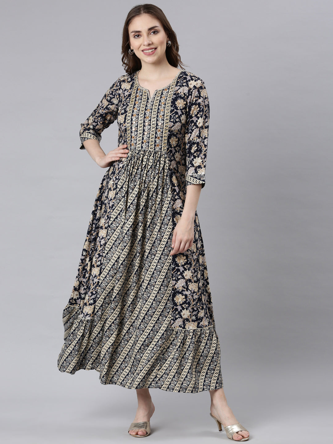 Neerus Navy Blue Flared Casual Ethnic Motifs Maxi Dresses – Neerus USA