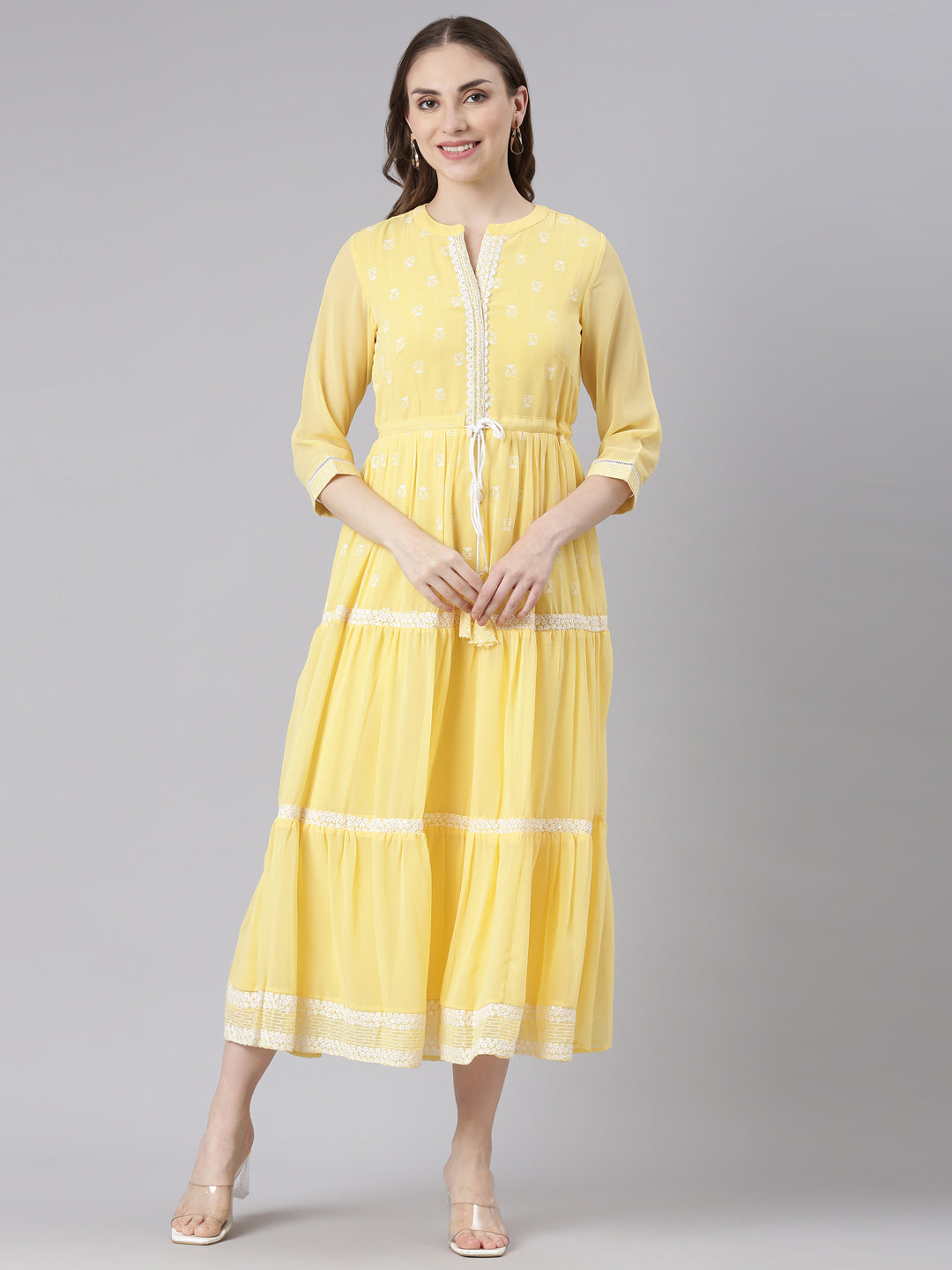 Neerus Yellow Georgette Straight Casual Ethnic Motifs Maxi Dresses ...