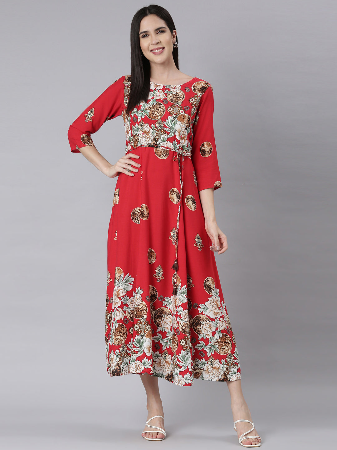 Neerus Red Curved Casual Floral Maxi Dresses – Neerus USA