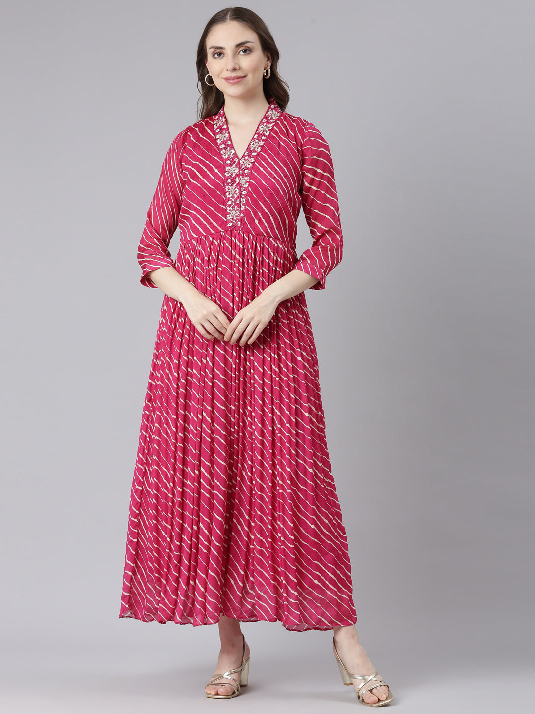 Neerus Pink Cotton Straight Casual Ethnic Motifs Maxi Dresses – Neerus USA