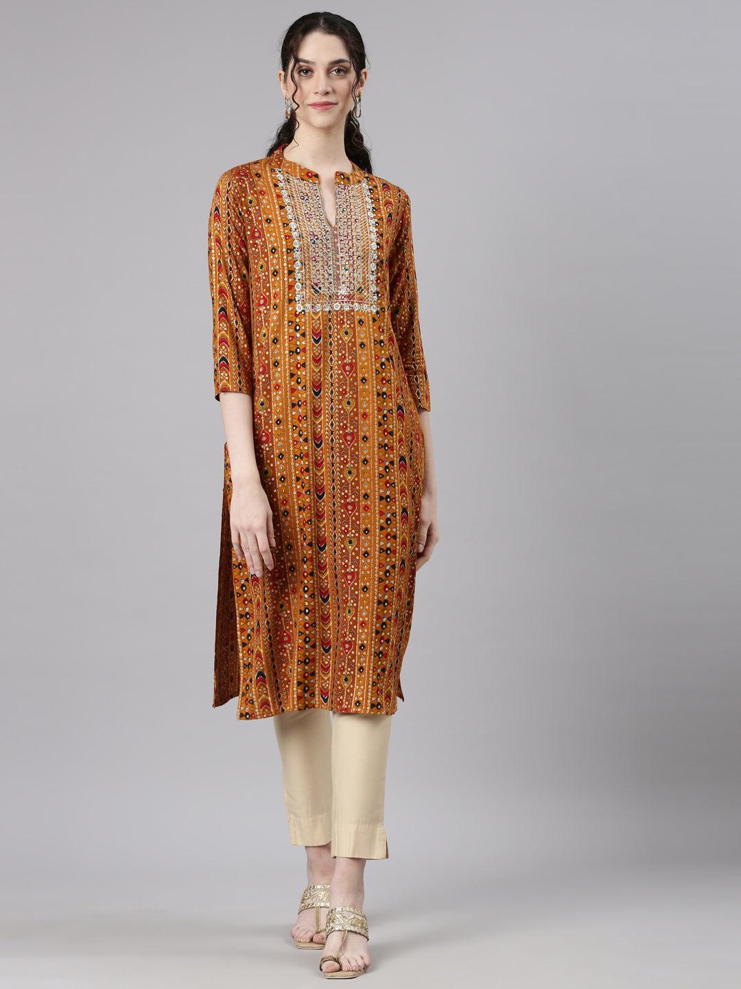 Neerus Mustard Straight Casual Ethnic Motifs Kurtas – Neerus USA